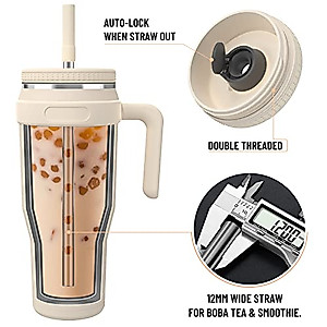 Zukro 50 oz Mug Tumbler with Handle and Screw on Lid, Vacuum Insulated Stainless Steel Tumbler with Straw Lid, Leakproof Straw Cup, Keeps Drinks Cold 30 Hours, Fit in Cup Holder - Beige