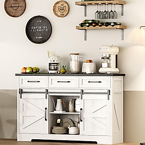 Redlife Farmhouse Wine Bar Cabinet w/Sliding Barn Door, 54" Kitchen Coffee Bar Cabinet, Storage Shelves, 3 Drawers, Rustic Large Buffet Sideboard for Dining Room