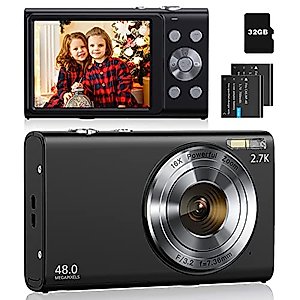 Digital Camera Point and Shoot Camera 2.7K 48MP Kids Camera with 16X Digital Zoom, 32G SD Card