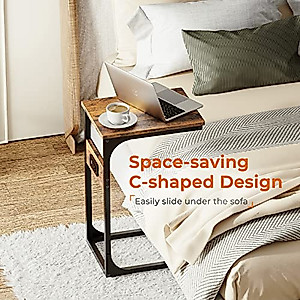 SUPERJARE C Shaped End Table with Charging Station, Bed Side Table with USB Port & Outlet, Couch Table, C Table for Living Room & Bedroom, Rustic Brown