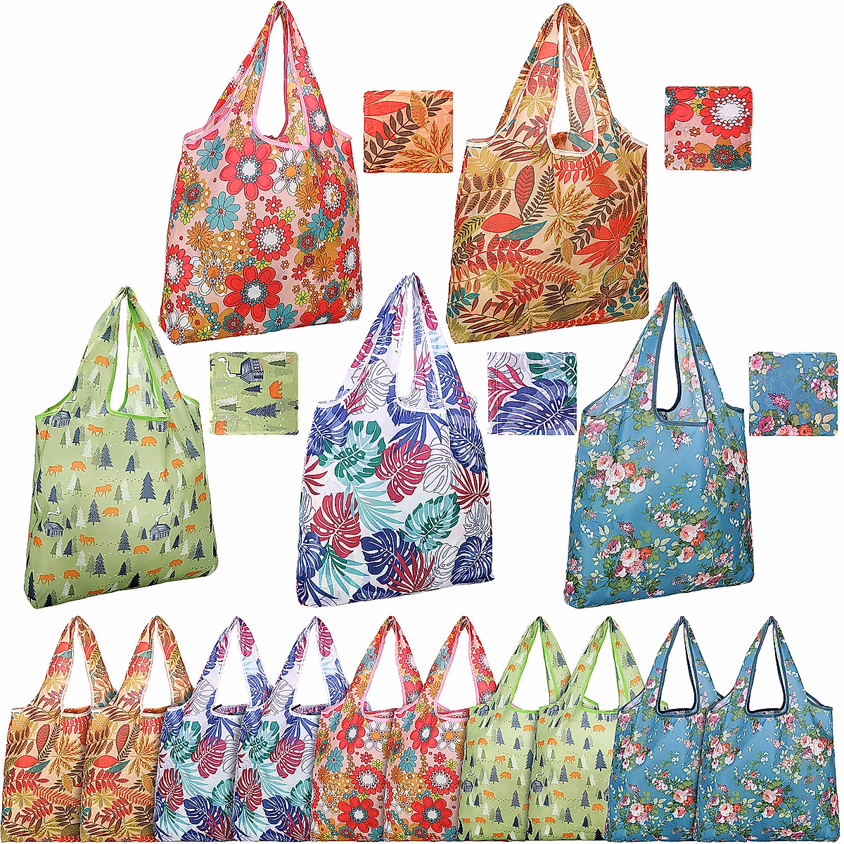 15 Pack Reusable Grocery Bags 50LBS Foldable Grocery Shopping Bags Nylon Tote Washable Bag with Handles Large Waterproof Tote (Plant Style)