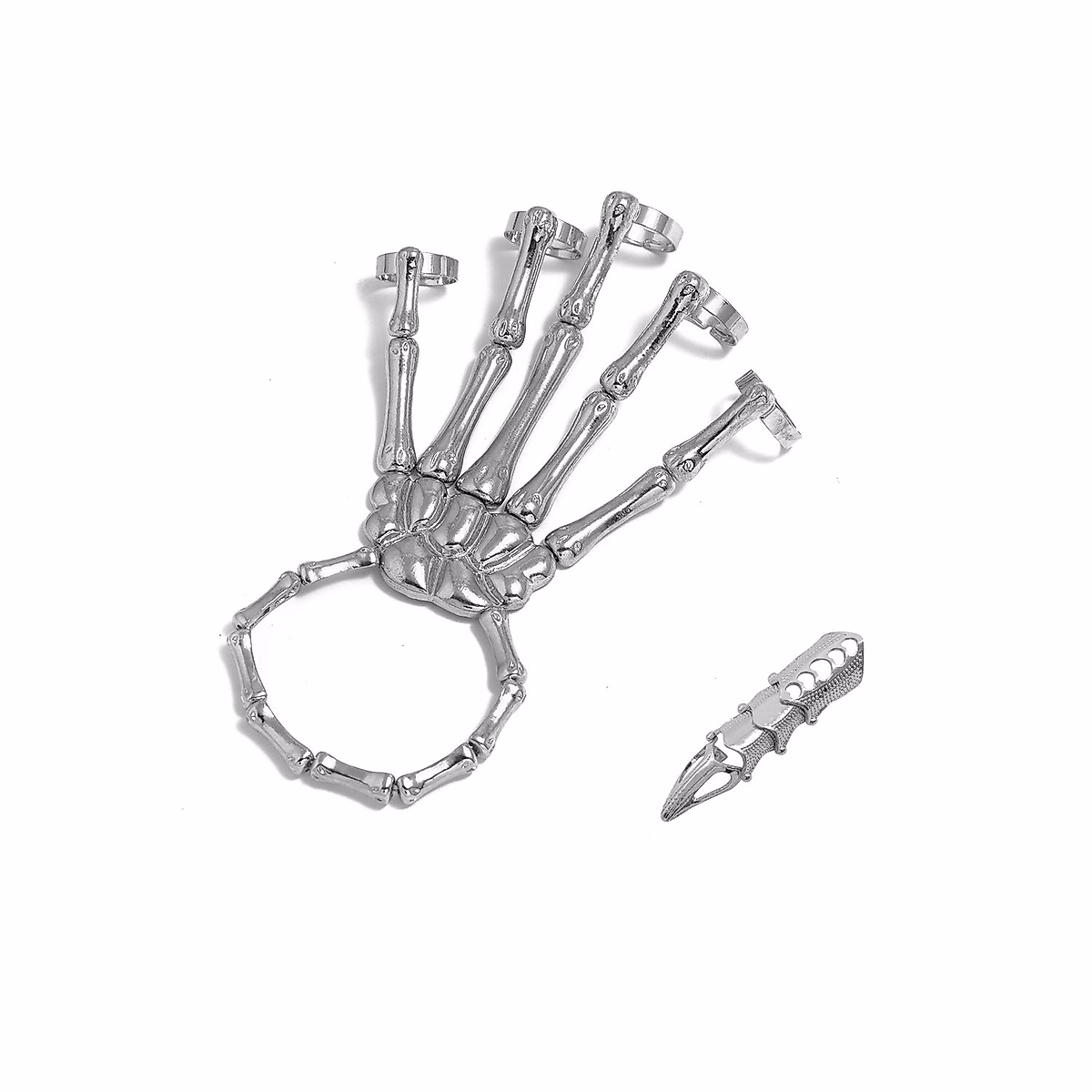 2Pcs Punk Halloween Adhere Hand Back Palm Skeleton Bracelets with Ring Gothic Wristband Skull Bone Joint Finger Cover for Women Funny Cosplay Party Goth Jewelry-A silver