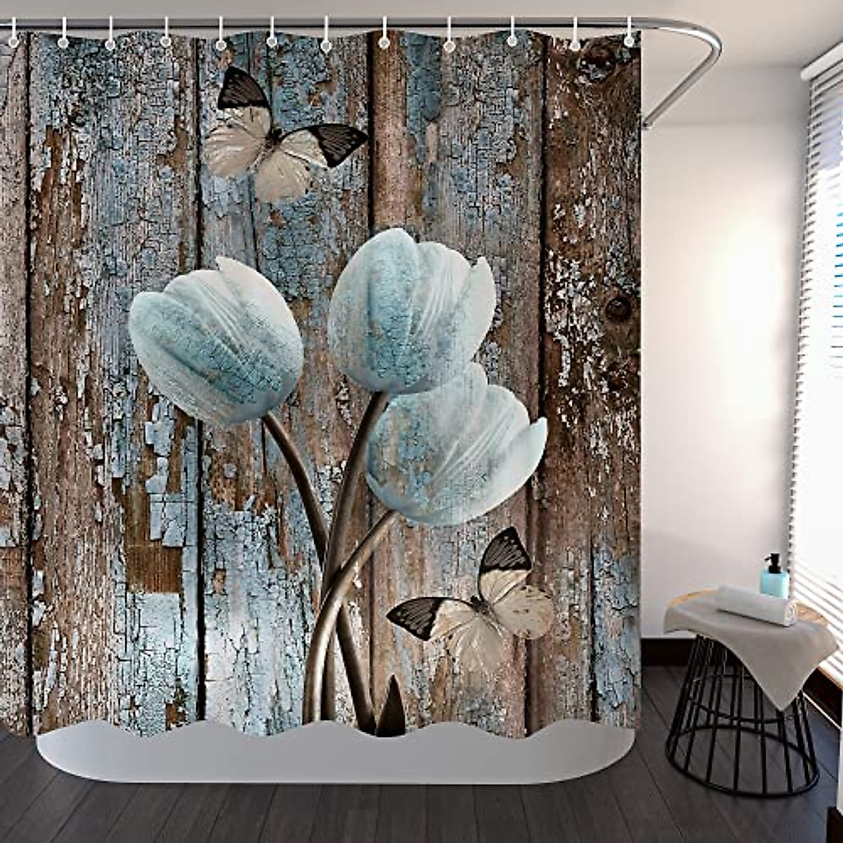 4 Piece Fun Butterfly Vintage Wooden Floral Tulip Flower Shower Curtains Sets with Non-Slip Rugs, Toilet Lid Cover and Bath Mat, Bathroom Sets with Shower Curtain and Rugs and Accessories