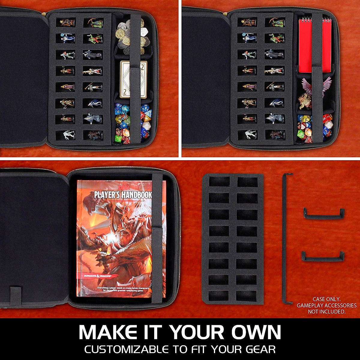 ENHANCE RPG Organizer Case - DND Binder with Built-in Character Sheet Holder and Erasable Scribe Panel, Dice Rolling Area, Removable Pen Pouch, Miniature Foam Tray, Wrist Strap, and More (Black)