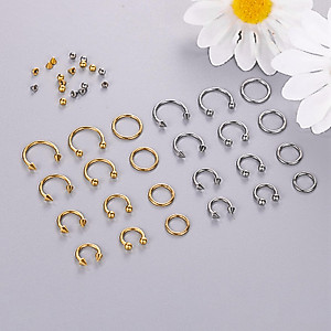 LOREMOW 24Pcs 18G 16G Stainless Steel Septum Nose Rings Horseshoe Nose Hoops for Men Women Lip Ring Cartilage Tragus Helix Daith Earrings Septum Piercing Jewelry Replacement Balls Spikes 16G GS