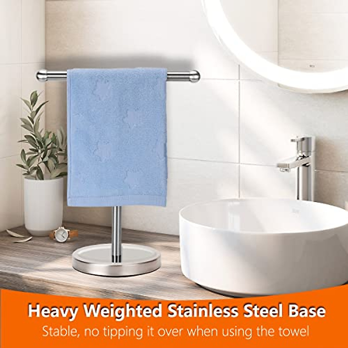 Hand Towel Holder Stand with Heavy Stainless Steel Base, T-Shape Towel Rack, Free-Standing Towel Holder Countertop for Bathroom (Brushed Nickel)