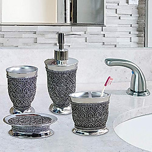 nu steel Beaded Heart Resin Bath Accessory Set for Vanity Countertops, 4 Piece Luxury Ensemble Includes Dish, Toothbrush Holder, Tumbler, soap an, Silver