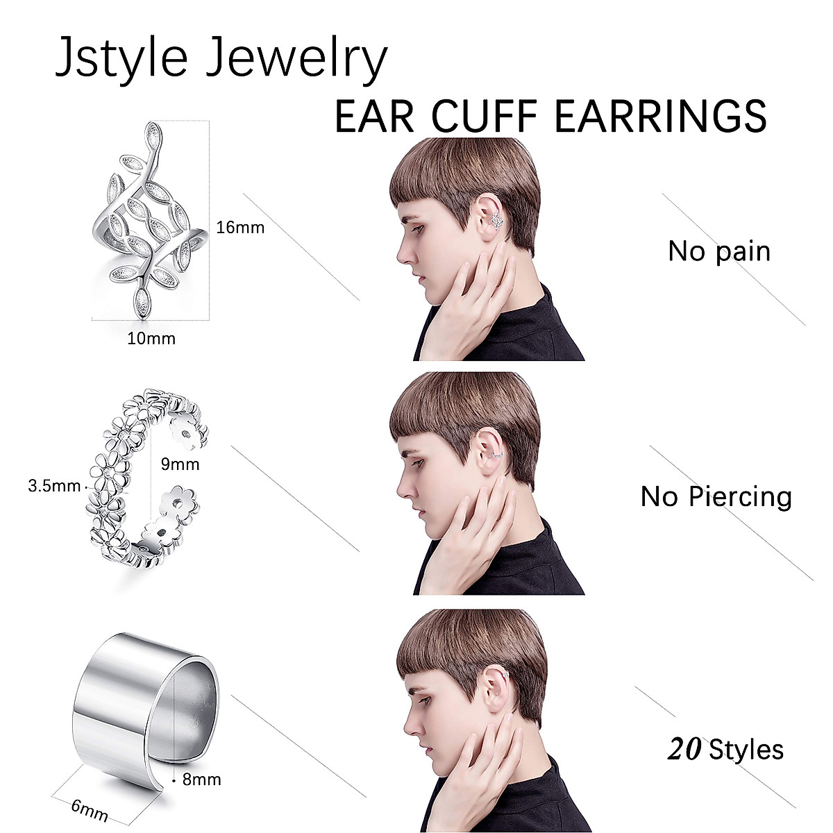 Jstyle 20Pcs Adjustable Ear Cuffs Earrings Set for Women Stainless Steel Non-Piercing Cartilage Clip On Wrap Earring Set