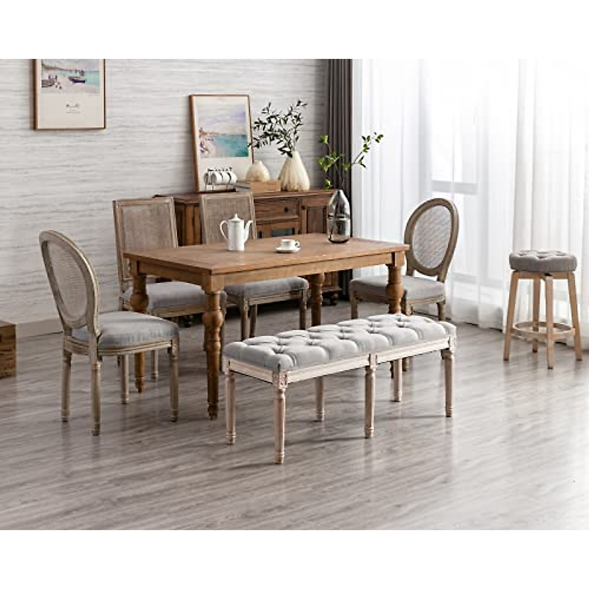 CIMOTA Farmhouse Dining Chairs Set of 2, French Rattan Dining Room Chairs with Rectangle Back/Distressed Wood Upholstered Vintage Side Chairs for Kitchen/Restaurant, Grey/2PCS