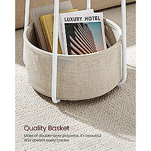 VASAGLE Small Round Side End Table, Modern Nightstand with Fabric Basket, Classic White, Sand Beige, 1 Count