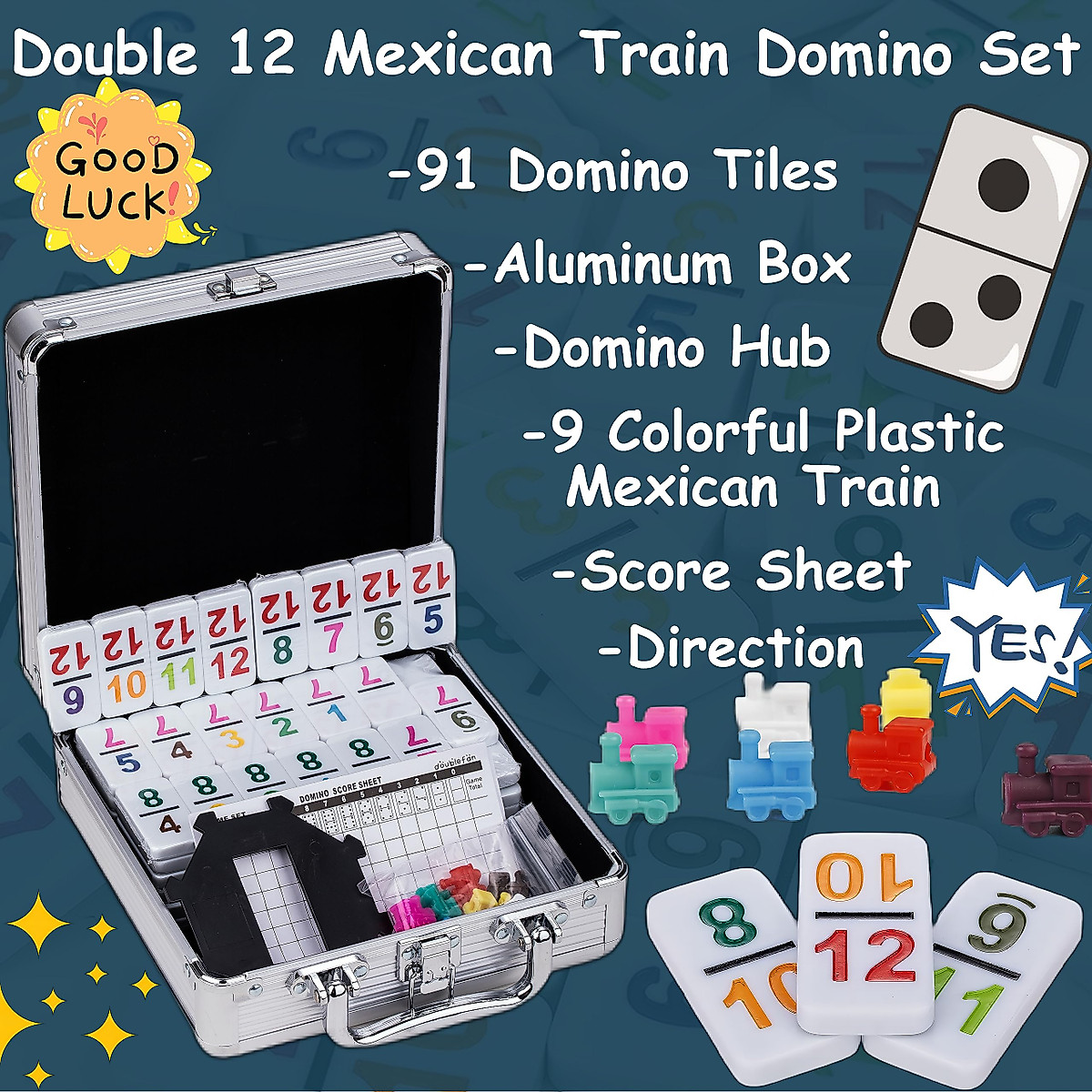 Doublefan Mexican Train Dominoes with Color Numbers,Double 12 Numerical Domino Game, Chicken Foot Dominoes Set with Aluminum Case, 91 Tiles Dominoï¼ˆ2-10 Player