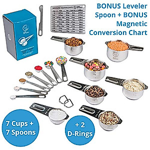 Stainless Steel Measuring Cups and Spoons Set of 16-7 Cup & 7 Spoon + Conversion Chart & Leveler - Kitchen Measuring Spoons and Cups - Dry Measure Cups Stainless Steel & Baking Metal Measuring Cups