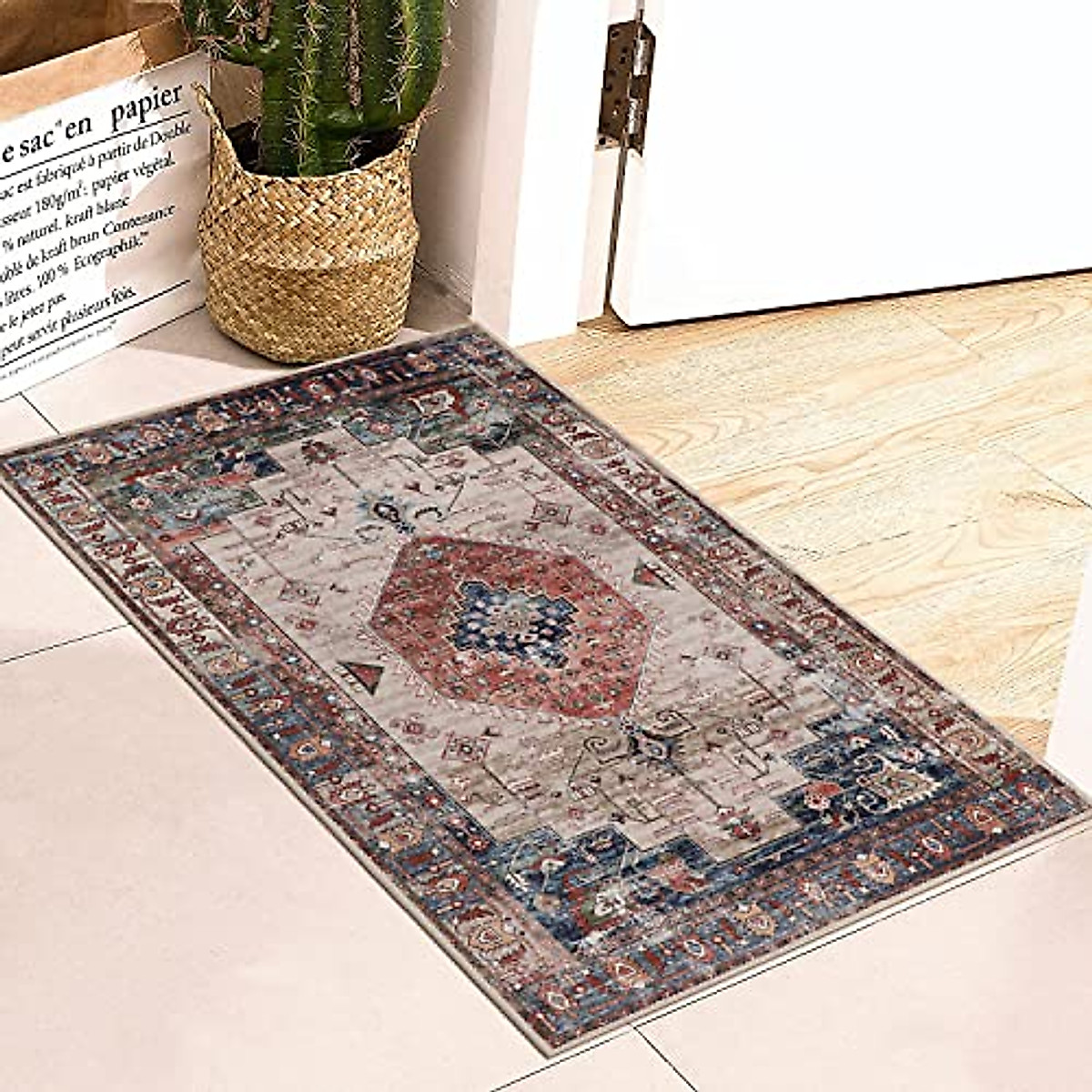 Falflor Area Rug 2'x 3' Vintage Distressed Entryway Rug Non Slip Indoor Door Mat Washable Throw Rug for Bedroom Low Pile Kitchen Floor Mat for Living Room Bathroom Laundry