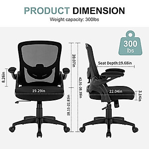 Ergonomic Mesh Office Chair, Comfy Desk Chair with Flip up Armrests, Swivel Computer Desk Chair with Adjustable Lumbar Support and Height for Home Office, 300 lbs Capacity