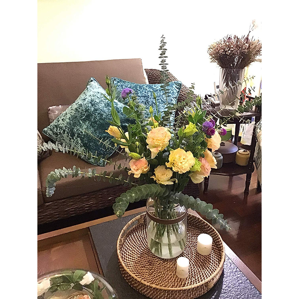 13.8 inch Rattan Tray, Round Wicker Tray with Cut-Out Handles, Woven Serving Tray for Dining / Coffee Table