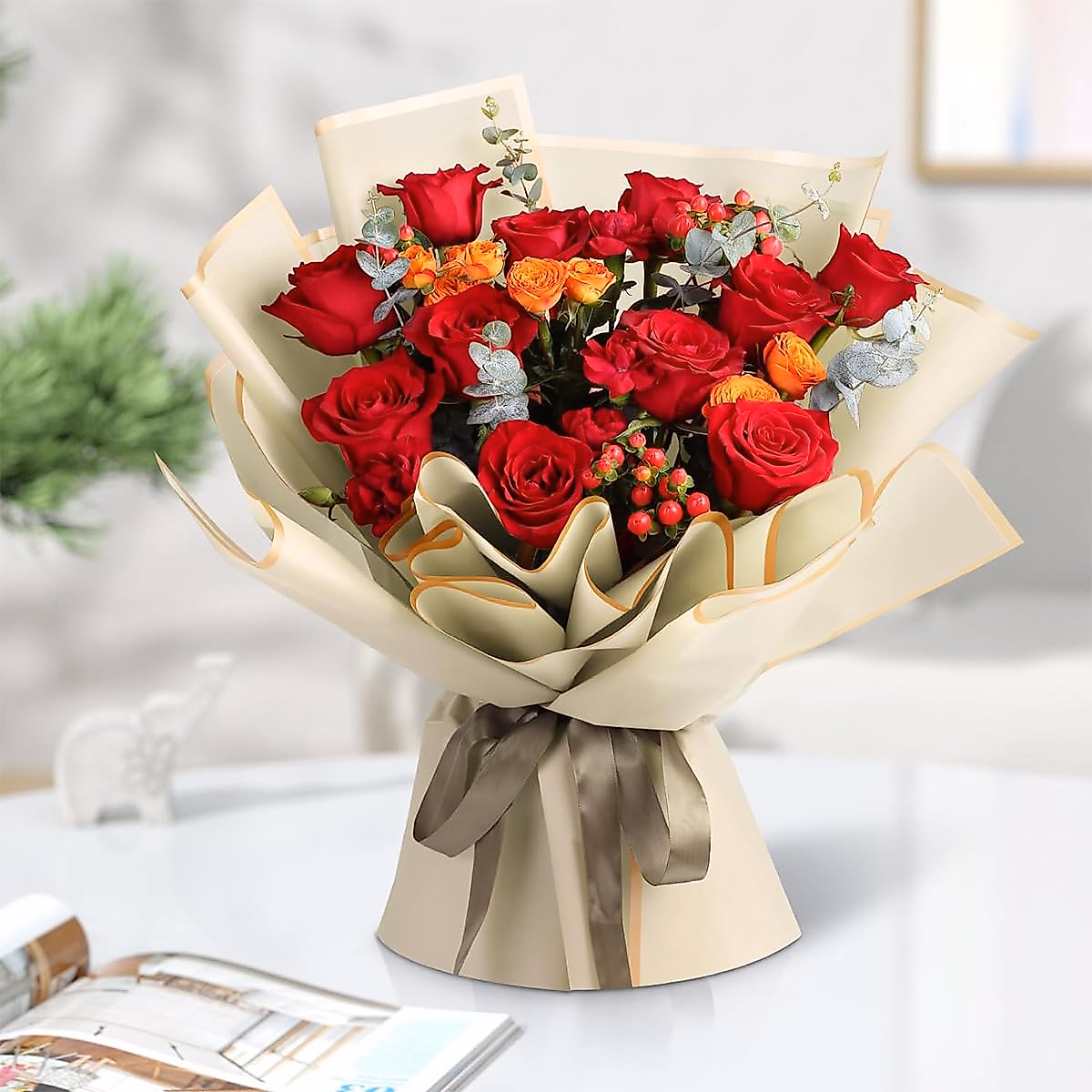 EMITAOHWF 20-Sheet Brown Flower Wrapping Paper, Floral Waterproof Bouquet Wrapping Paper for Flowers, Florist Wrapping Paper for DIY Craft, Gift Packaging