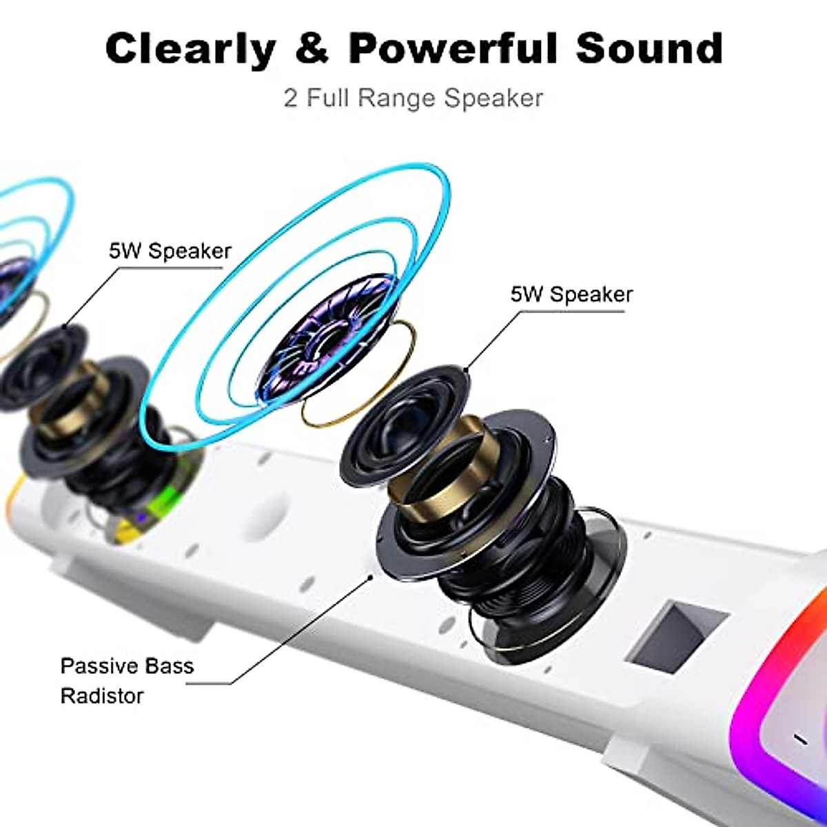 SOULION R30 Plus Bluetooth Computer Speakers for PC Desktop, 6 Modes LED Lights with All-in-one Control Button, Wired USB Powered Sound Bar, Surround Sound Portable SoundBar for Monitor Laptop Phone