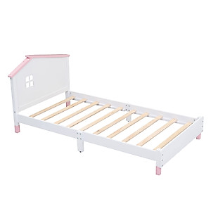 Bellemave Twin Platform Bed with Headboard, House Twin Bed with Support Slats, Wood Kids Twin Size Bed for Boys Girls, No Box Spring Needed, Bedroom Furniture (White+Pink)