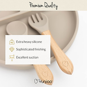 Yunioo Extra Heavy Silicone Baby Feeding Set Essentials, Premium 9-Piece Set of Baby Led Weaning Supplies with Silicone Baby Plate with Lid, Superior Suction Bowl and Baby Utensils - Beige