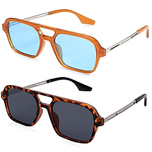 Hycredi Retro 70s Flat Aviator Sunglasses Trendy Vintage Square Glasses for Women Men Metal Design Shades UV Protection（ Leopard/Gery+Orange）