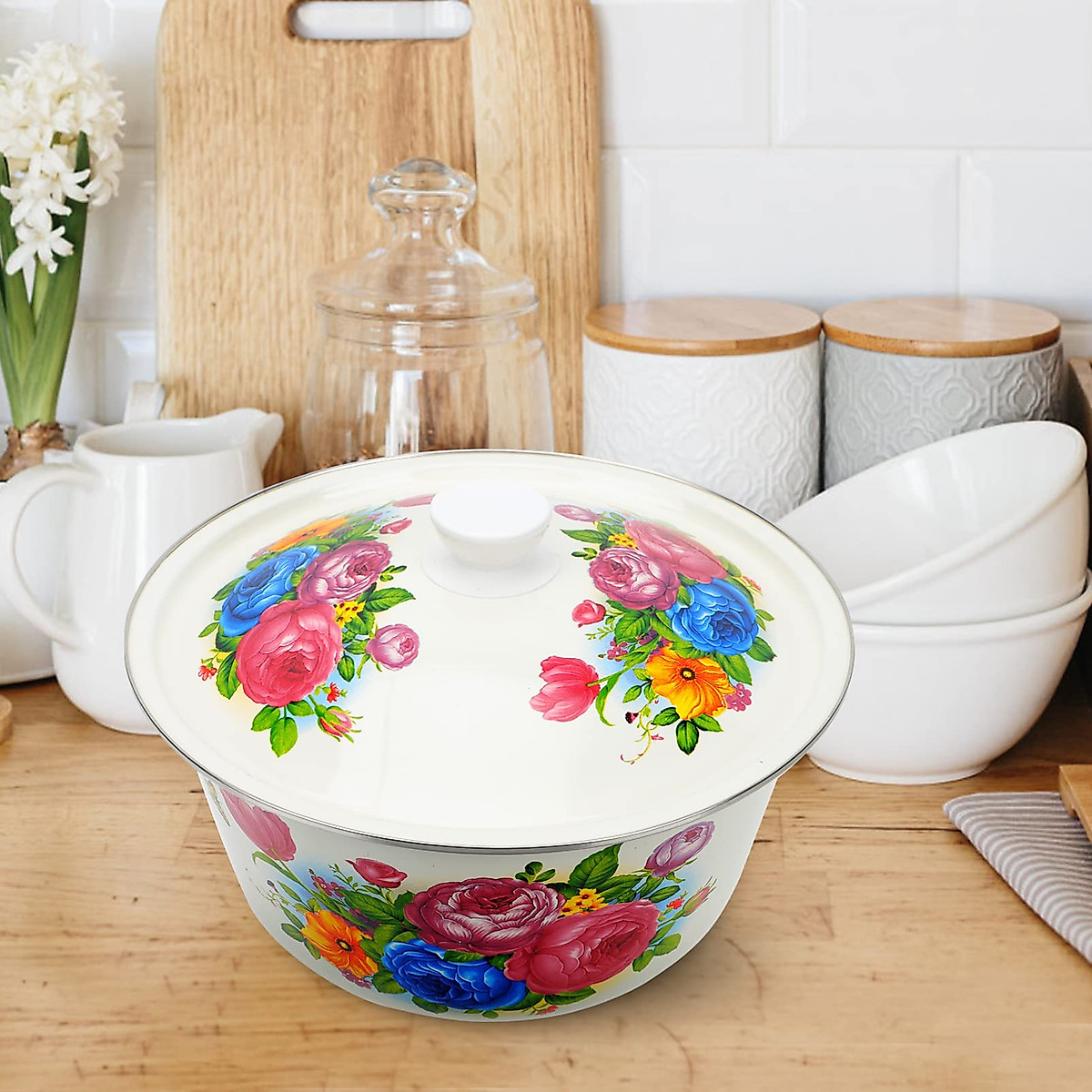 Angoily Enamel Mixing Bowl with Lid Flower Large Salad Bowl Enamelware Washing Basin Chinese Style Soup Bowls Vintage Serving Bowl for Ramen Asian Dishes Cereal Rice Noodle
