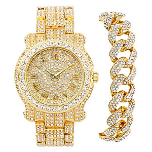 Techno Pave Men's 45mm Iced Out Roman Dial Watch with Bracelet Set - Gold Dial with Big Cuban Bracelet