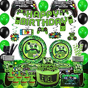 Green Video Game Party Supplies - 201Pcs Gamer Gaming Party Decoration For Boys Birthday Party - Table Cover, Plates, Cups, Napkins, Utensils, Hanging Swirls, Birthday Banner, Cupcake, Topper Cake Topper & Balloons Serves 16 Guests