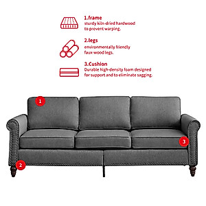 PUREMIND Sofa Couch, Linen Fabric 3 Seat Comfy Couches for Living Room, Mid Century Modern Couch with Solid Wood Frame and 4 Gourd Shapes Legs, Soft Cushion Sofa for Home/Apartment(Dark Gray)