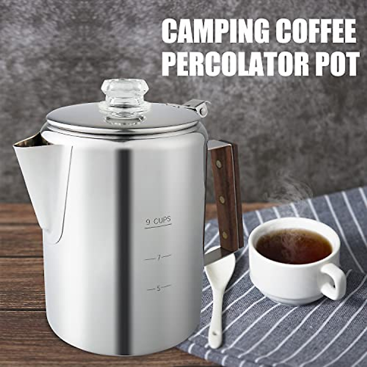 APOXCON Coffee Percolator, Camping Coffee Pot 9 Cups Stainless Steel Coffee Maker with Clear Top Glass Knob, Percolator Coffee Pot for Campfire or Stovetop Coffee Making Outdoor Traveling Fast Brew