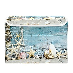 Kigai Brilliant Starfish Beach Storage Basket with Lid Collapsible Storage Bin Fabric Box Closet Organizer for Home Bedroom Office 1 Pack