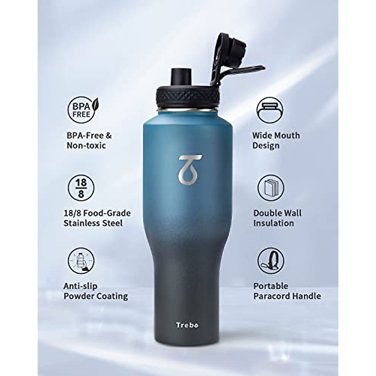 Trebo 40oz Water Bottle Insulated with Lid and Straw,Double Wall Vacuum Stainless Steel Metal Tumbler Flask Fit in Any Car Cup Holder with Paracord Handle,Leakproof Keep Drink Cold & Hot,Indigo/Black