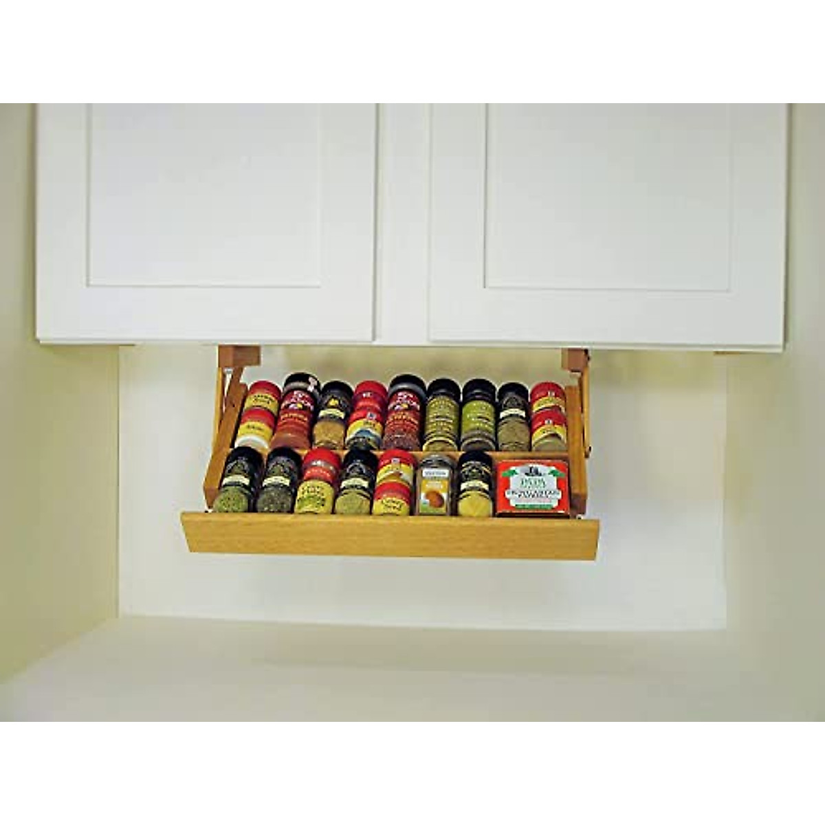 Makimoo Kitchen Storage Under Cabinet Spice Rack, Handmade Hardwood, Holds 16 Large or 32 Small Spice Containers