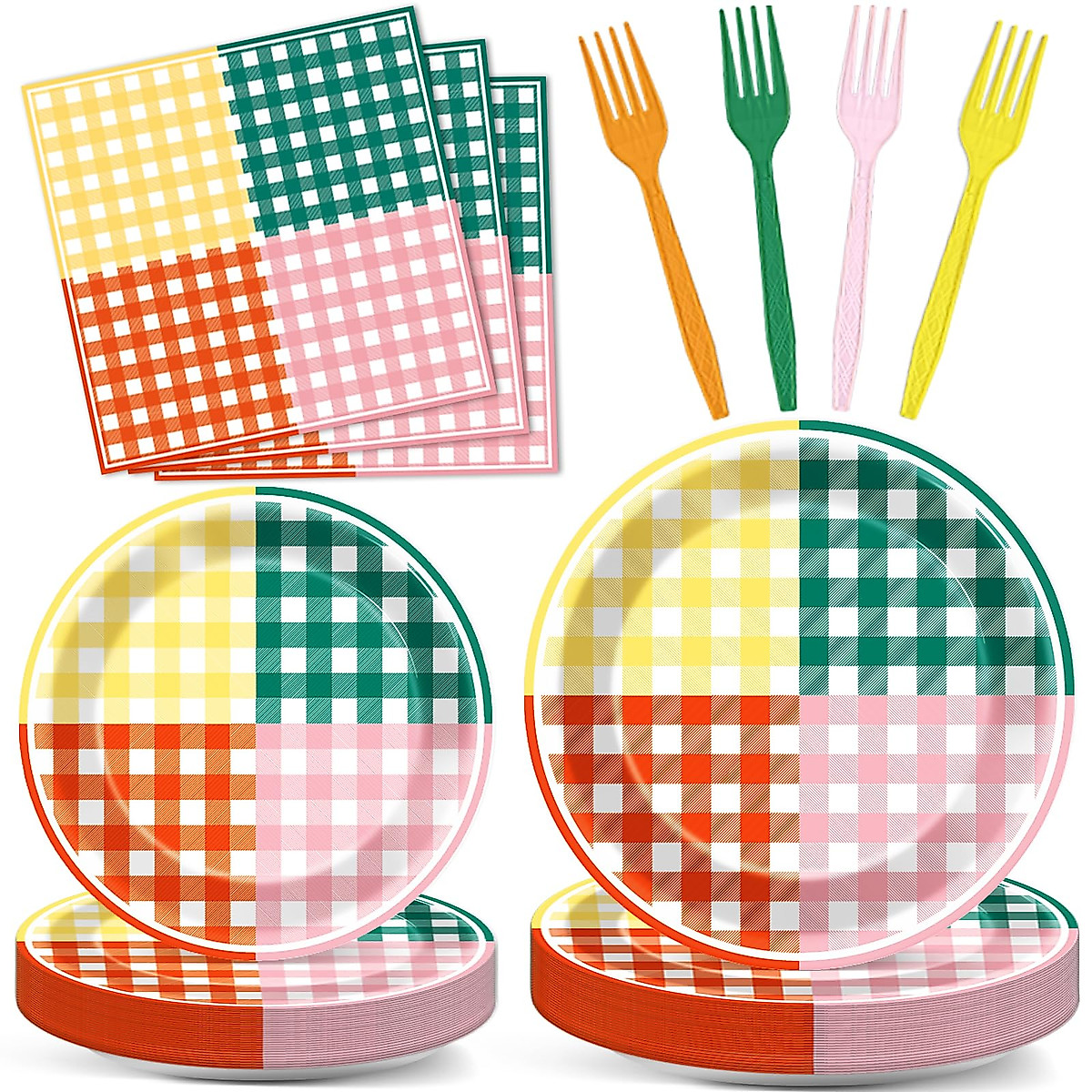 Lonfliness 96 Pcs Camp Gingham Paper Plates and Napkins Gingham Checkered Bachelorette Party Supplies Gingham Birthday Tableware Set Plaid Camping Themed Summer Party Favors Baby Bridal Shower Decor