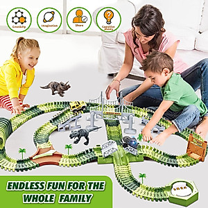 WESPREX Dinosaur Race Track Toy Set 288 PCS, Flexible Track Playset w/ 240 Tracks, 1 Dinosaur Car, 1 Race Car, 1 Drawbridge, 1 Tunnel, Create A Dino Track, Dinosaur Toy Gift for Kids Boys Girls Age 3+