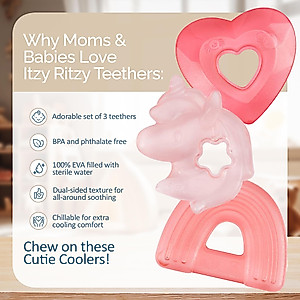 Itzy Ritzy Water-Filled Teethers - Cold Cutie Coolers Textured On Both Sides to Massage Sore Gums & Emerging Teeth - Can Be Chilled in Refrigerator, Set of 3 Coordinating Pink Unicorn Water Teethers