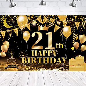 Happy 21th Birthday Backdrop Banner Black Gold 21th Sign Poster 21 Birthday Party Supplies for Anniversary Photo Booth Photography Background Birthday Party Decorations, 72.8 x 43.3 Inch