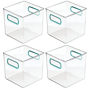 mDesign Plastic Storage Organizer Container Cube Bin Holders with Handles - for Bathroom Vanity Countertops, Shelves, Cabinets Organization - 4 Pack - Clear/Blue