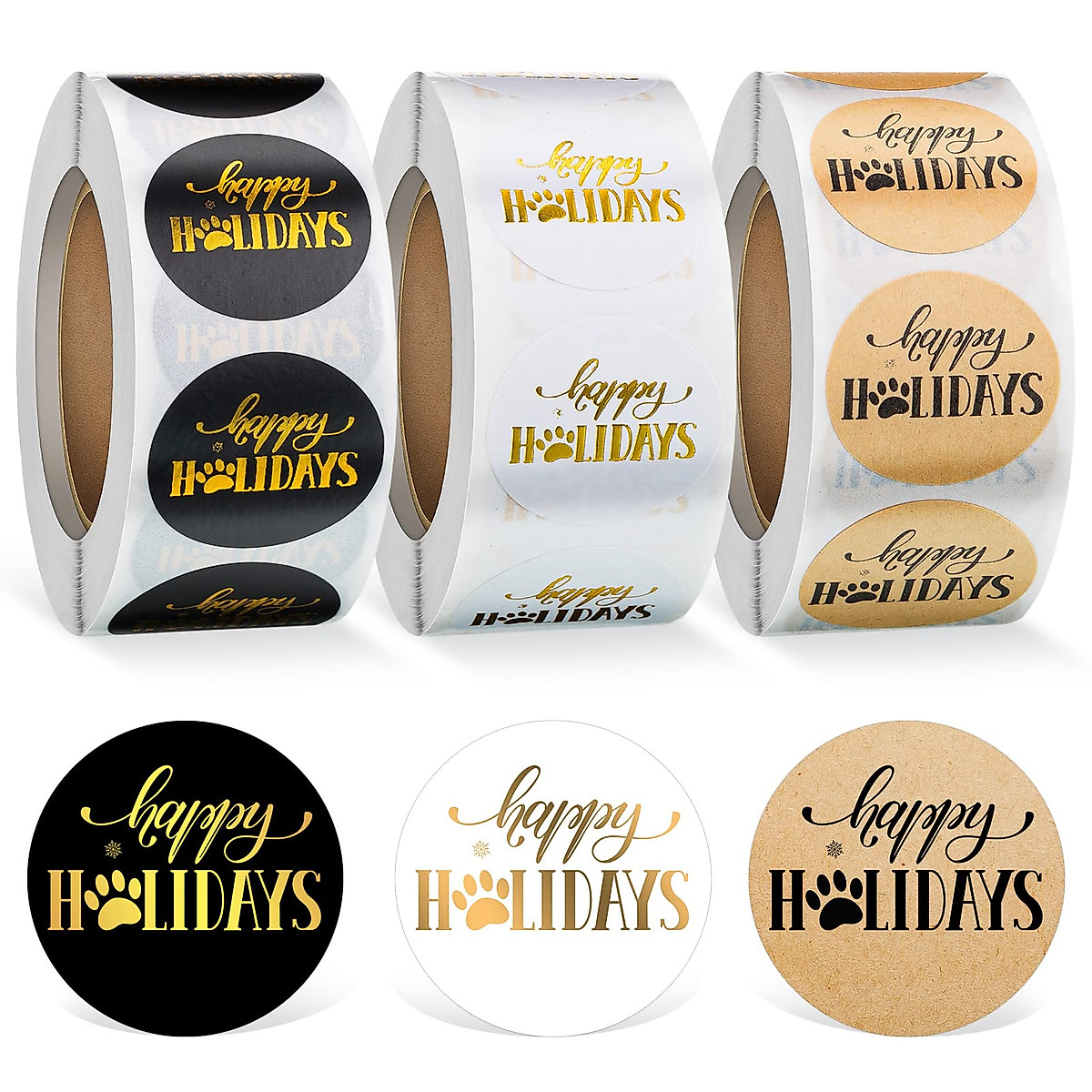 1500 Pieces 1 Inch Holiday Stickers Round Snowflake Paw Print Stickers Self-Adhesive Christmas Package Stickers for Envelopes Gold Foil Happy Holiday Stickers for Christmas Decor and Party Supplies