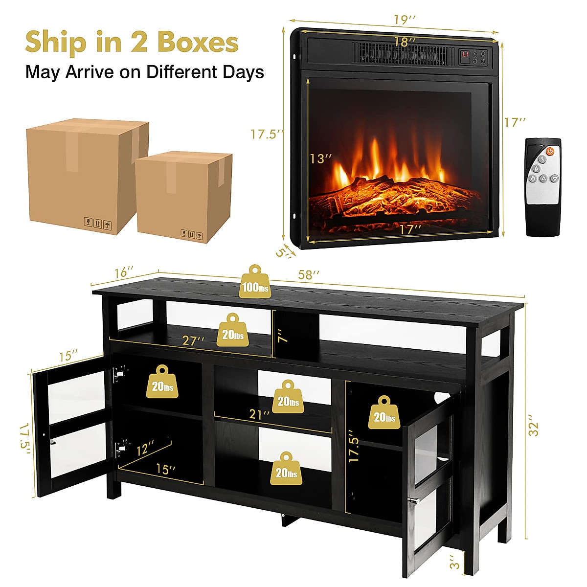 Tangkula Fireplace TV Stand for TVs up to 65 Inches, with 18 Inches 1400W 5,000 BTU Electric Fireplace with Built-in Thermostat, 6H Timer, Adjustable Flame & Heat, Remote Control (Black)