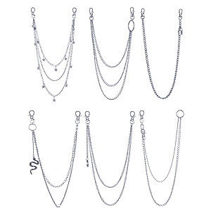 Ofeiyaa 6 Pieces Pants Chains Multi-Layer Butterfly Lock Round Star Snak Heart Jeans Chains Accessory Hip Hop Pocket Punk Goth Wallet Chain Charm Rock Belt Loop Trousers Chain for Women Men Silver