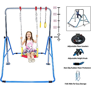 Kids Home Gymnastics Bar Jungle Gym 3 in 1 Set Deluxe Swing Seat, Trapeze Rings, Horizontal Kip Bar Height Adjustable Monkey Bar, Expandable Junior Training Gymnastic Balance Bar, Swing Set (Blue)