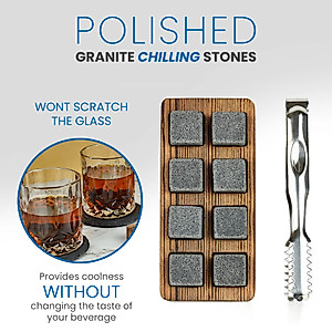 Whiskey Chilling Stones 2 Bourbon Glasses & Ice Tong - Premium Gift Box for Men Barware Supplies Set - Reusable Sipping Scotch Granite Rock Gifts for Boyfriend Husband Father