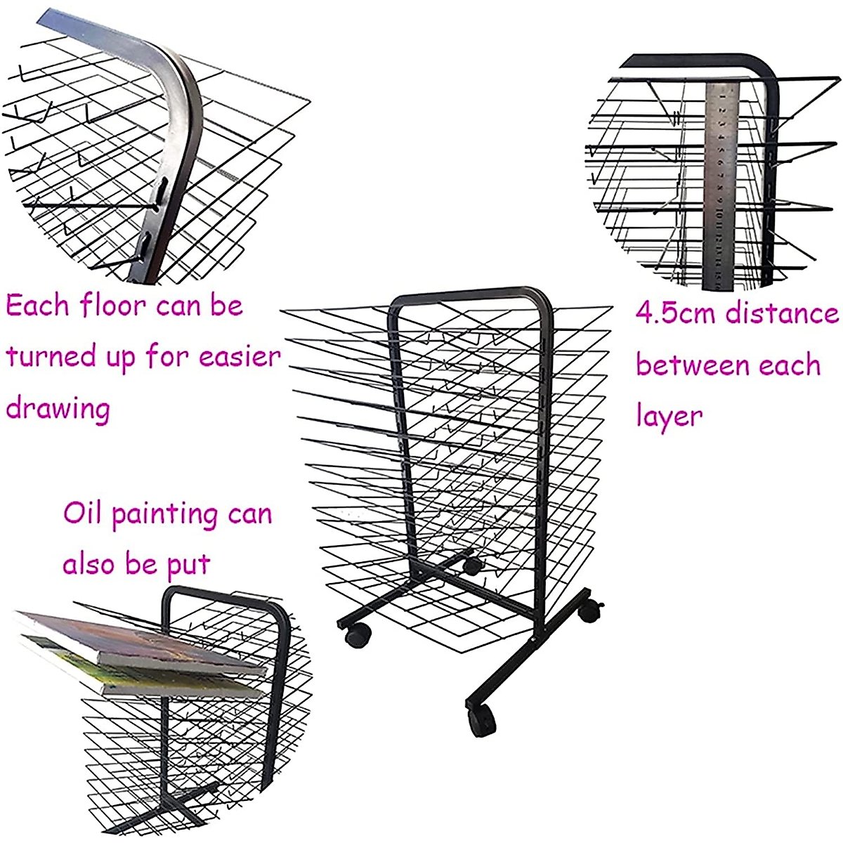 Drying & Print Racks，Back-to-Back 13-Shelf Mobile Drying Rack with 26 Wire Shelves for Mobile Classrooms Art Studios and Home Use