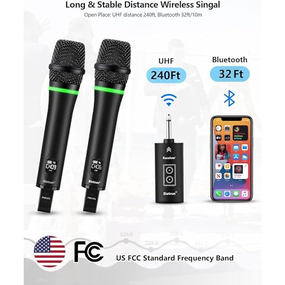 Bietrun Rechargeable Wireless Microphone, Dual Metal Cordless Handheld Dynamic Wireless Mics with 1/4'' Output for Karaoke, Meeting, Singing, Church, Wedding(UHF 240ft Range)(Receiver with Bluetooth)