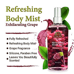 OKAY Fragrance Exhilarating Grape Body Mist - Body Spray for Women, Light Perfume Mist for Skin, Clean Refreshing Scent, Uplifting and Fruity, Silicone and Paraben Free - 8 Fl Oz