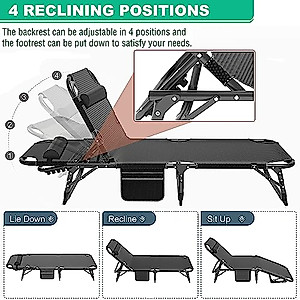 Camping Cot, Adjustable 4-Position Adults Reclining folding Chaise with Pillow, Outdoor portable Lounge Chair Sleeping Cots Bed, Perfect for Camping, Pool, Beach, Patio