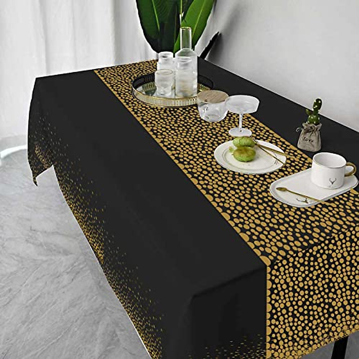 FECEDY 4 Packs 54"x108" Gold Wave Point Black Disposable Plastic Table Cover Waterproof Tablecloths for Rectangle Tables up to 8 ft in Length Party Decorations