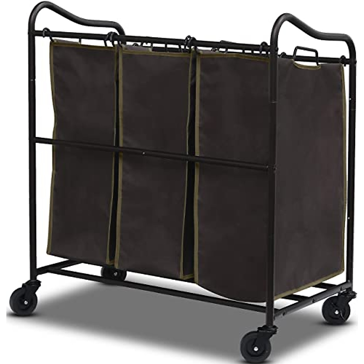 Simple Houseware Heavy Duty 3-Bag Laundry Sorter Rolling Cart + Foldable Laundry Hamper Basket with Lid, Brown