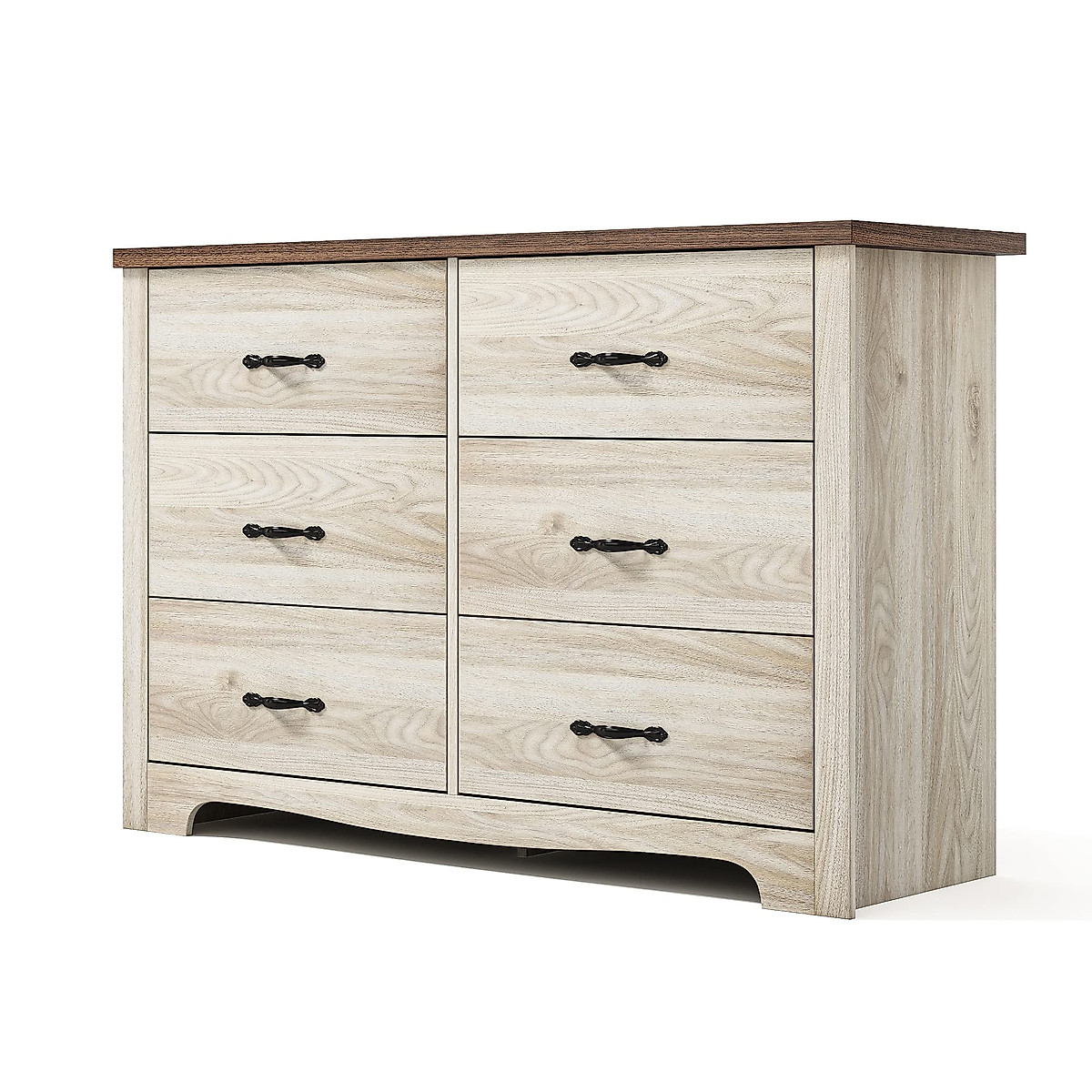 LINSY HOME 6 Drawer Dresser for Bedroom, Modern Double Dresser Organizer, Black Wood Dresser Chest of Drawers for Living Room,Entryway and Hallway, Wash White