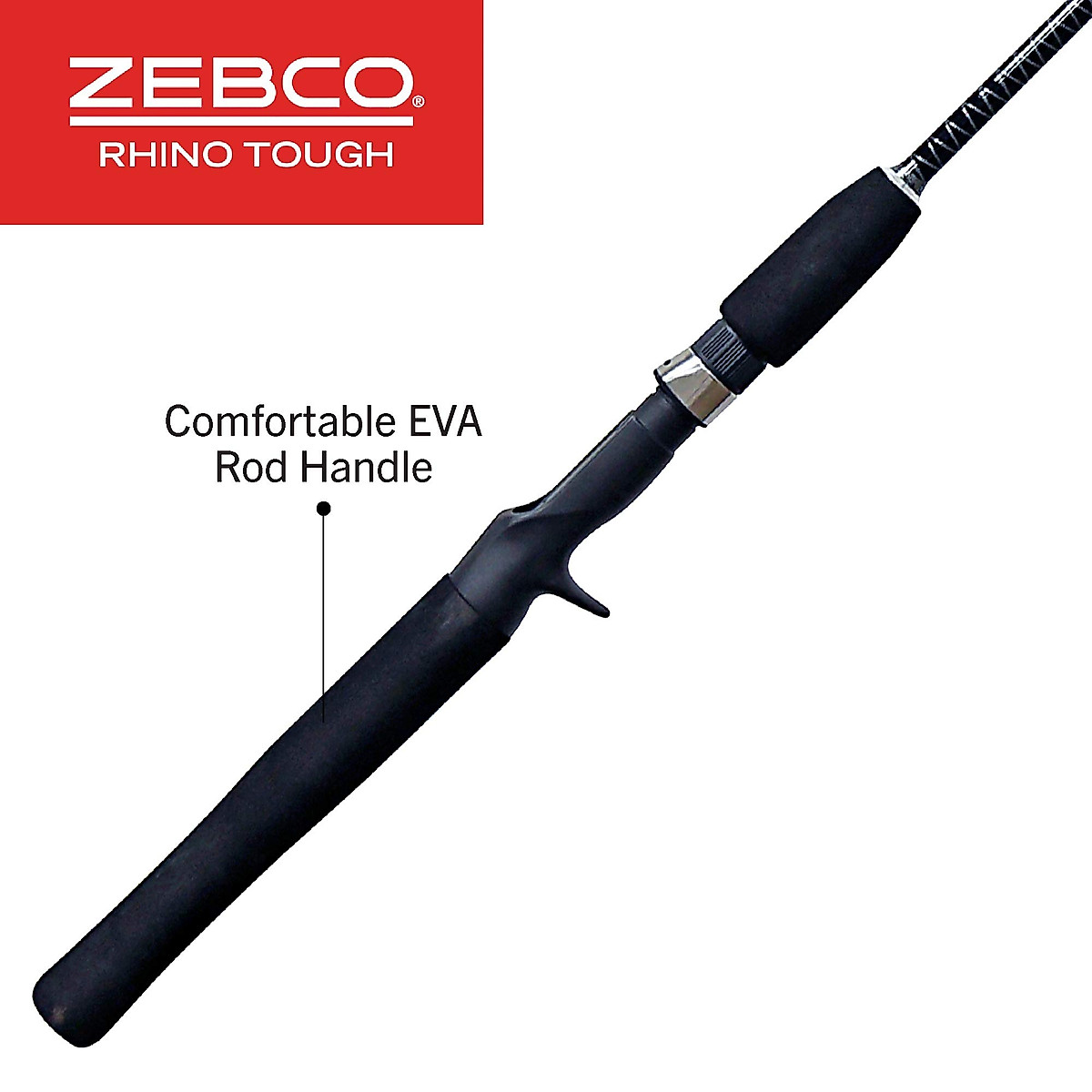 Zebco Rhino Tough Casting Fishing Rod, 5-Foot 6-Inch 2-Piece Heavy-Duty Cross-Weave Fishing Pole, EVA Rod Handle, Heavy-Duty Guides, Stainless Steel D-Frame Tip Guide, Medium-Light Power, Black